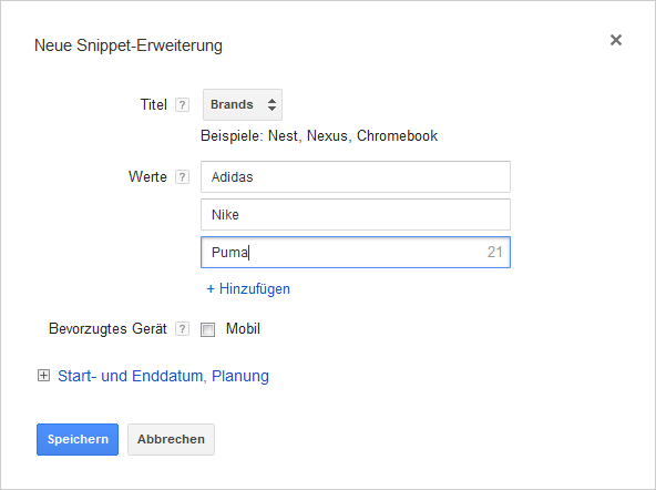Snippet-Erweiterungen für Google AdWords